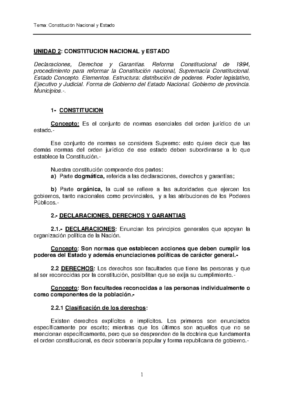 unidad 2 derecho const - UNIDAD 2 : CONSTITUCION NACIONAL y ESTADO Declaraciones, Derechos y ...