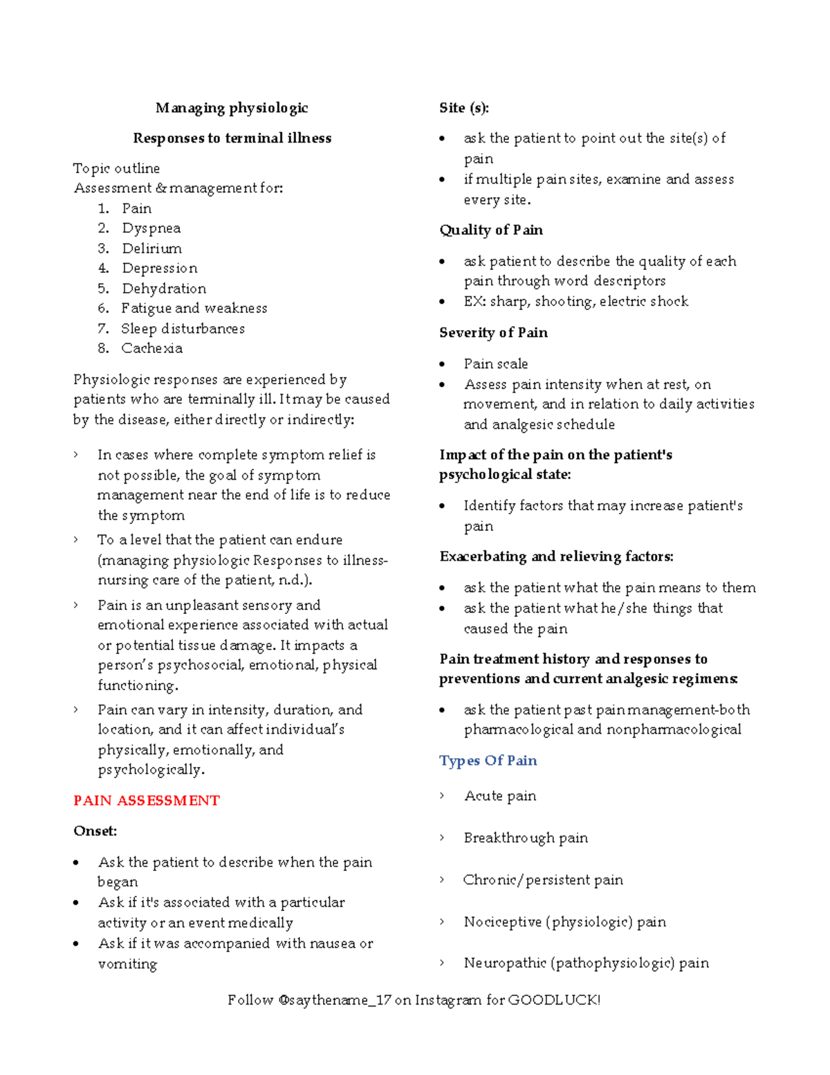 Palliative Pain MGT reviewer - Managing physiologic Responses to ...