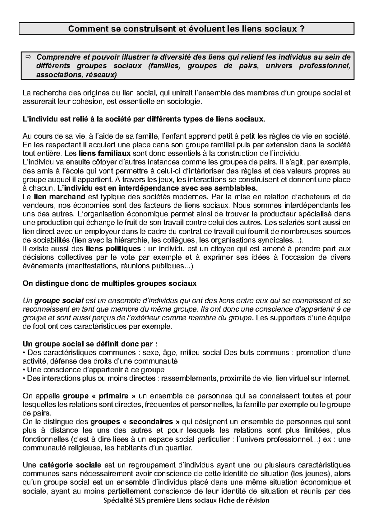Synthese-liens-sociaux - Comment se construisent et évoluent les liens sociaux? ð Comprendre et ...