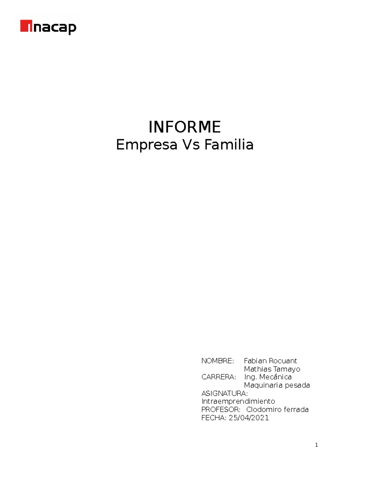 Trabajo final empresa vs familia - INFORME Empresa Vs Familia NOMBRE ...
