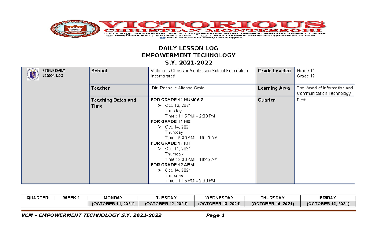 DLL 8 Emptech - WORKSHEET - DAILY LESSON LOG EMPOWERMENT TECHNOLOGY S ...