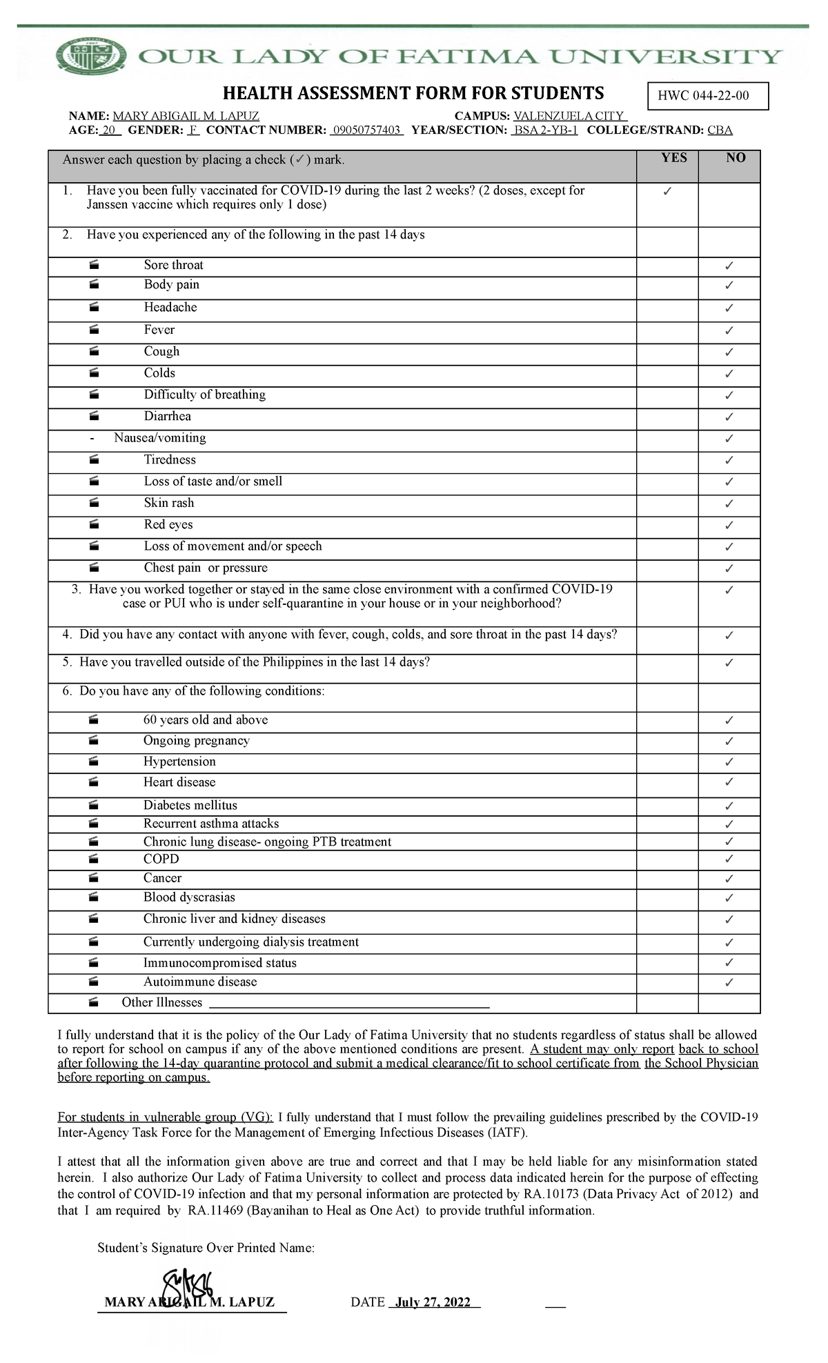HAF 2022 for students - HAF - HEALTH ASSESSMENT FORM FOR STUDENTS NAME ...