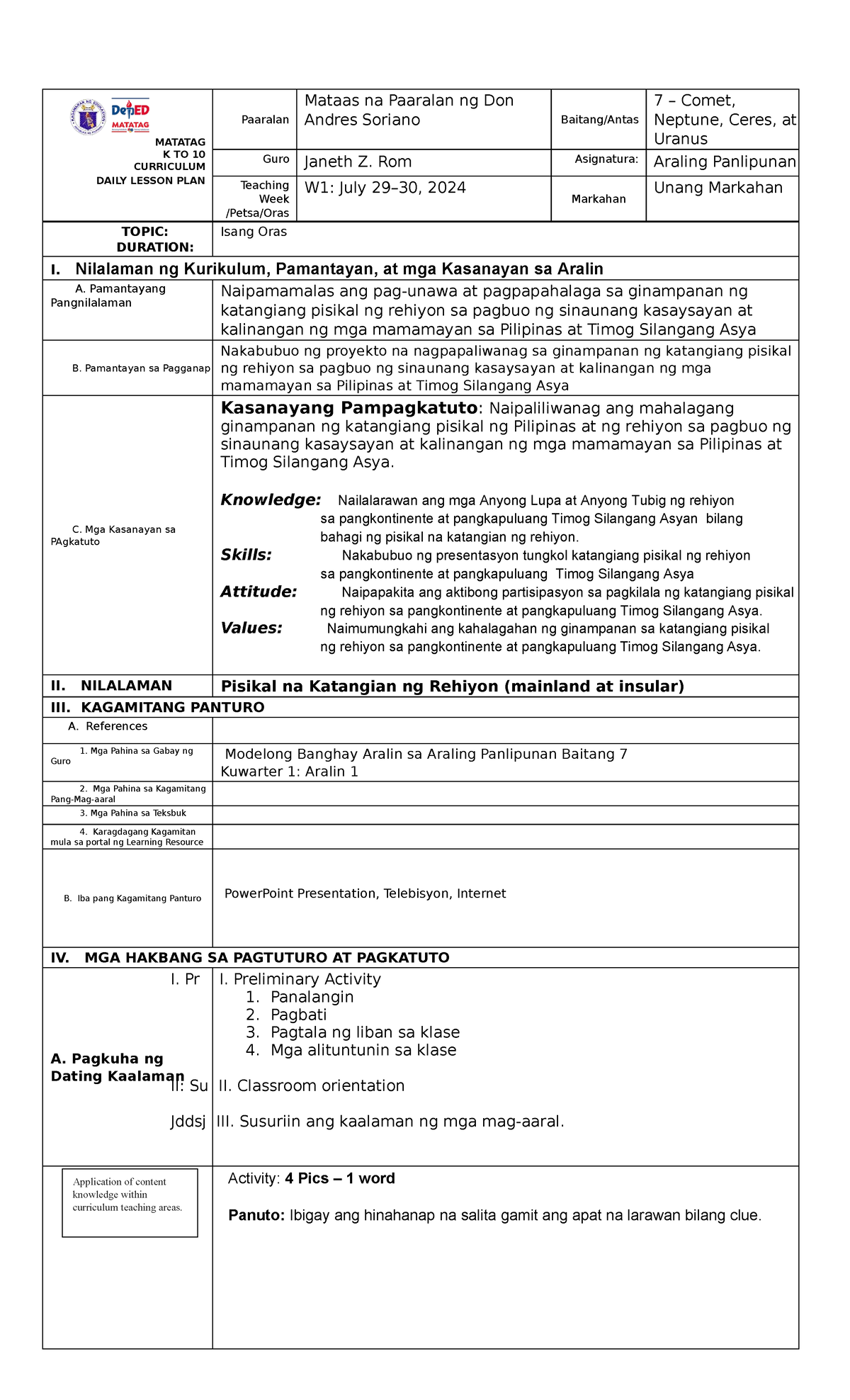 DLP 1, JULY 29-30 Rom - dlp - MATATAG K TO 10 CURRICULUM DAILY LESSON ...