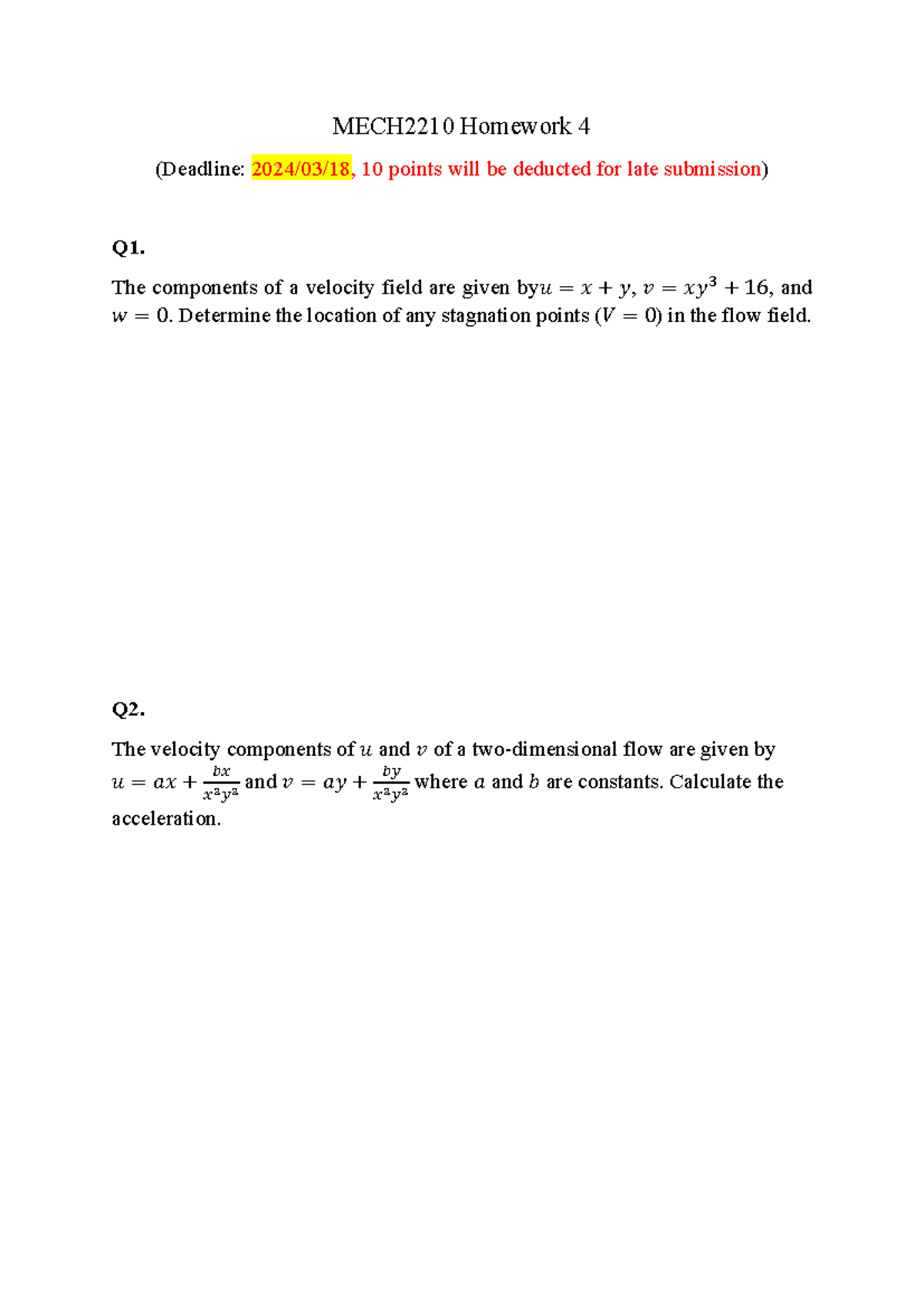 Homework Chapter 4 - MECH2210 Homework 4 (Deadline: 2024 / 03 / 18 , 10 ...