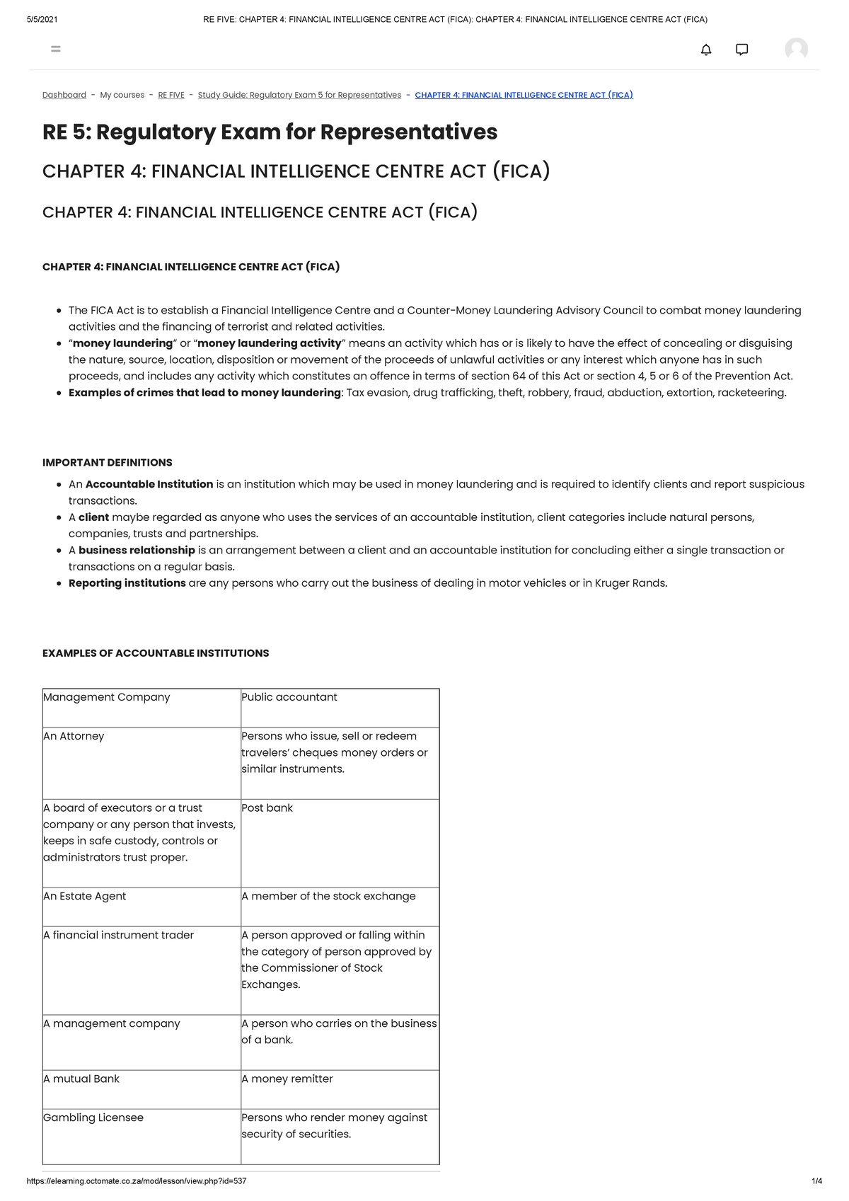 RE FIVE Chapter 4 Financial Intelligence Centre ACT (FICA) Chapter 4 ...
