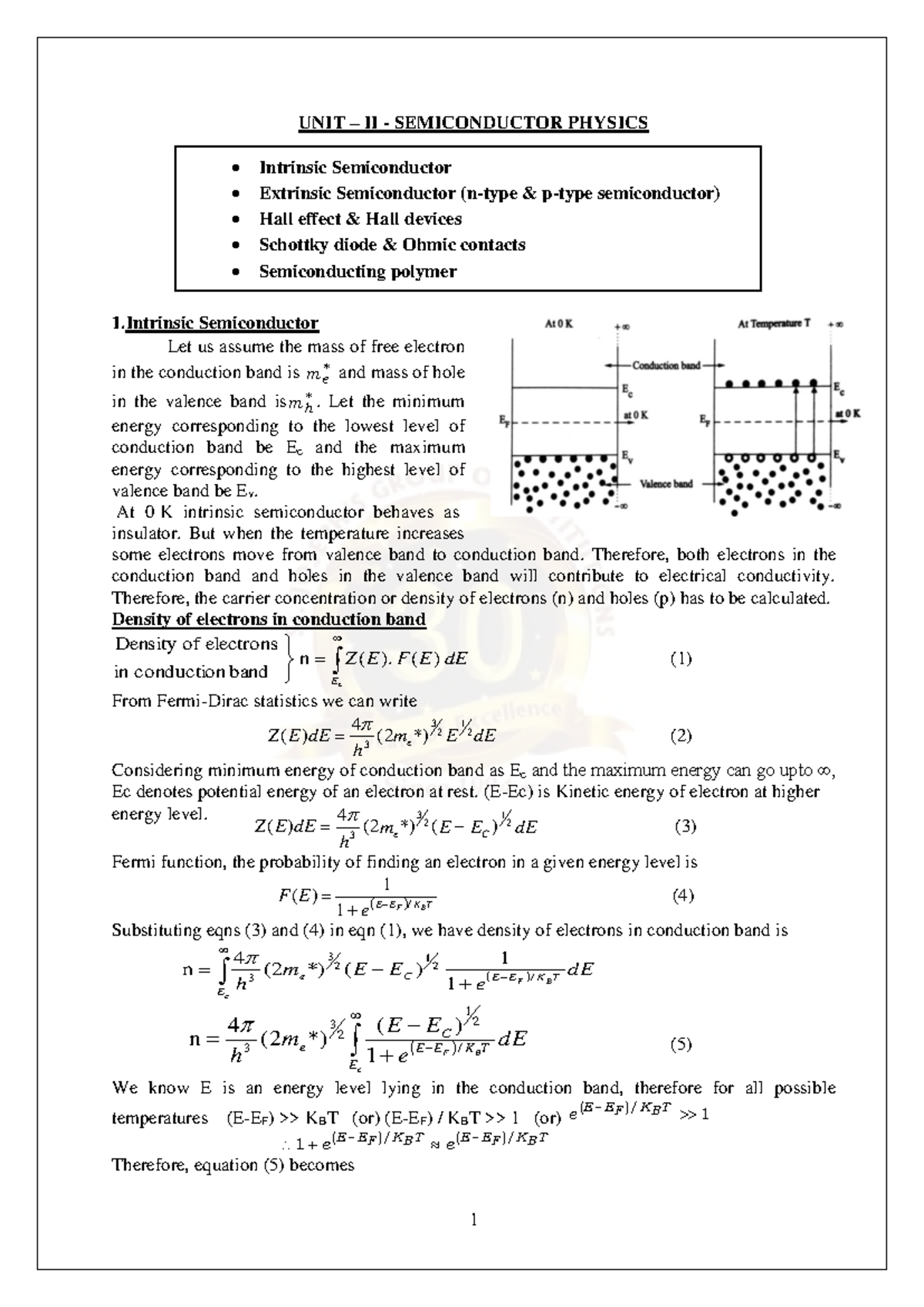 UNIT II Semiconductor Physics - UNIT – II - SEMICONDUCTOR PHYSICS Intrinsic Semiconductor - Studocu