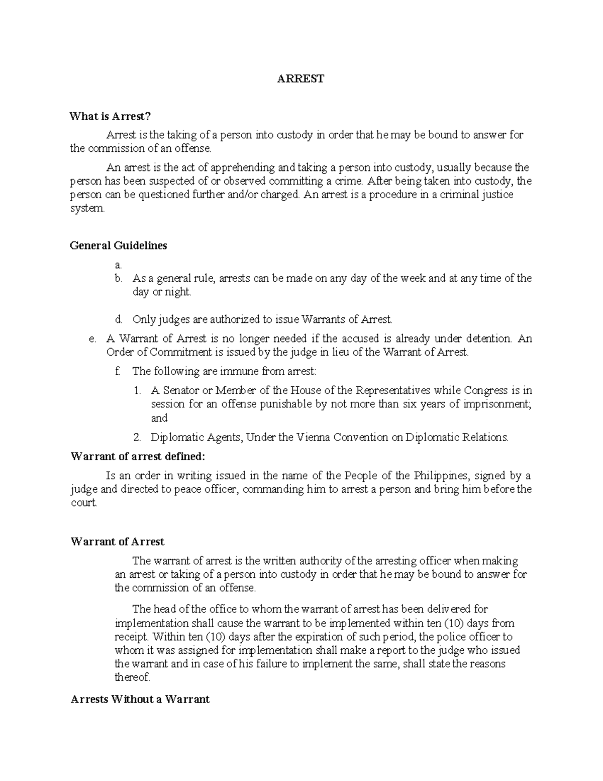Guidelines for Arrest and Search and Seizures - ARREST What is Arrest ...