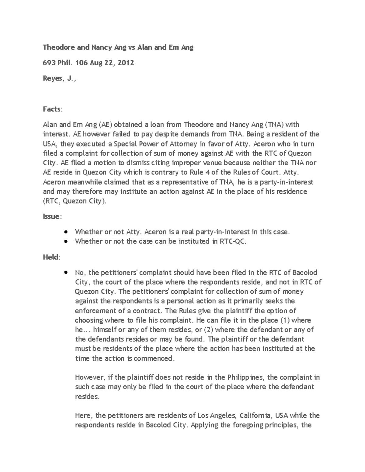 19 Theodore and Nancy Ang vs Alan and Em Ang - 106 Aug 22, 2012 Reyes ...