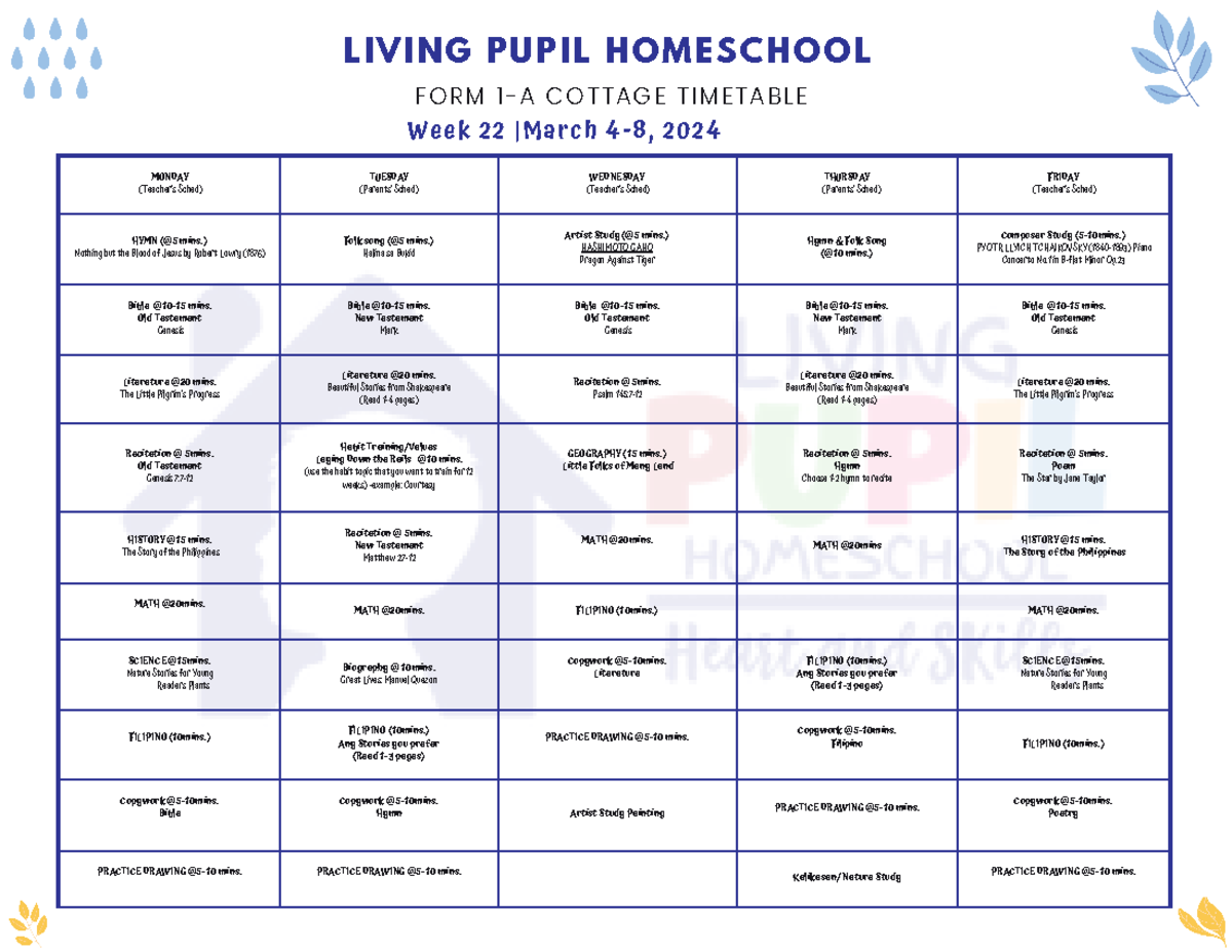 Form 1 Cottage Weekly Timetable (March) - FORM 1-A COTTAGE TI META B LE ...