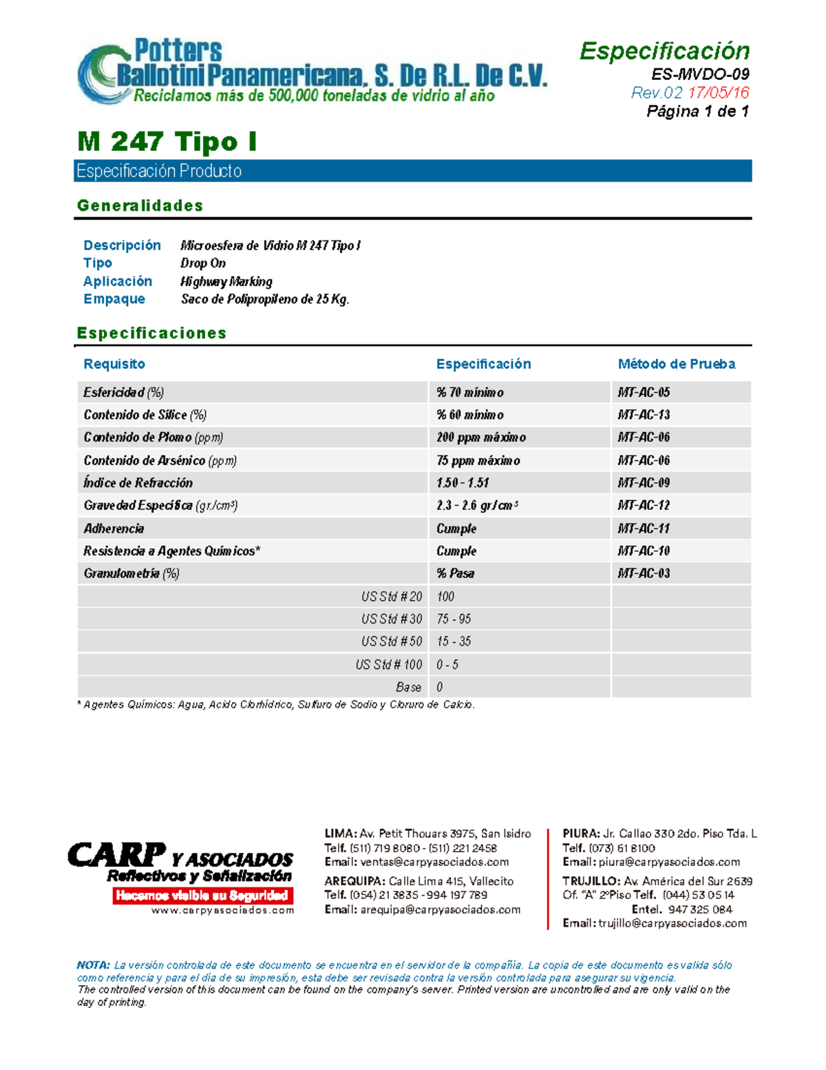 Ficha Microesfera ES-MVDO-09 M 247 Tipo I - EspecificaciÛn ES-MVDO- Rev ...