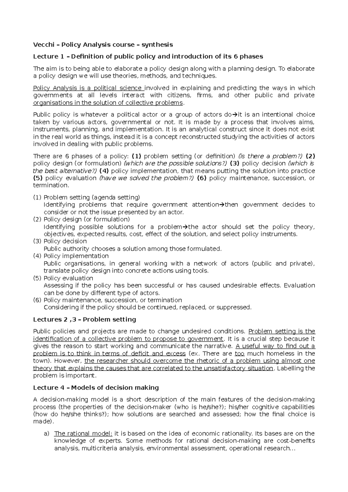 Policy analysis Synthesis - Vecchi – Policy Analysis course – synthesis ...