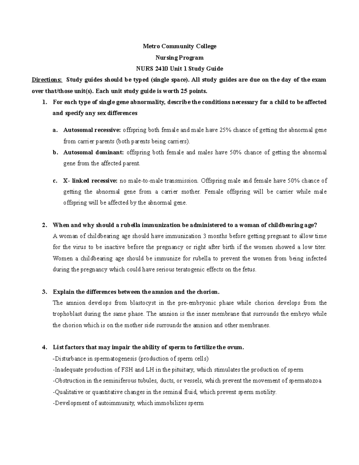 Study guide 1 - Metro Community College **Nursing Program NURS 2410 ...