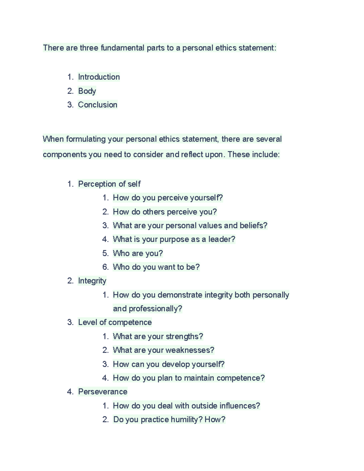 Notes - There are three fundamental parts to a personal ethics ...