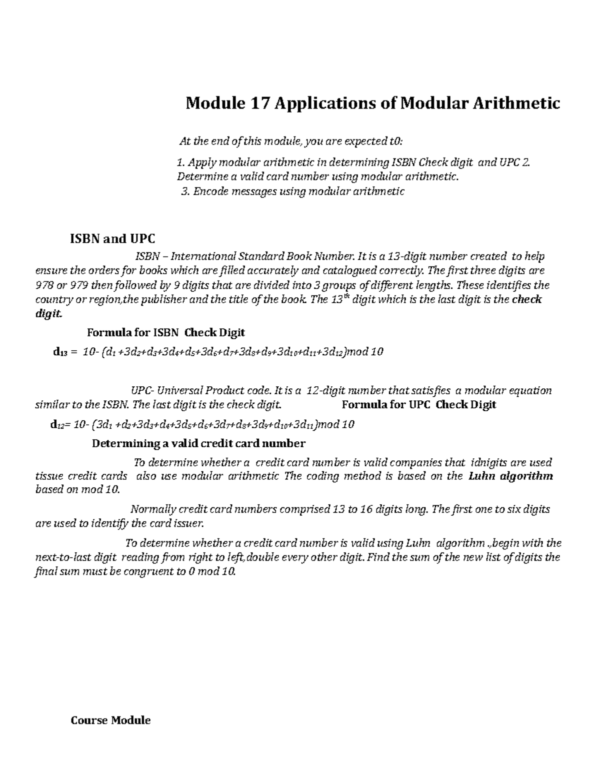 W13- Module 016 Application of Modular Arithmetic - Module 17 Applications of Modular Arithmetic ...
