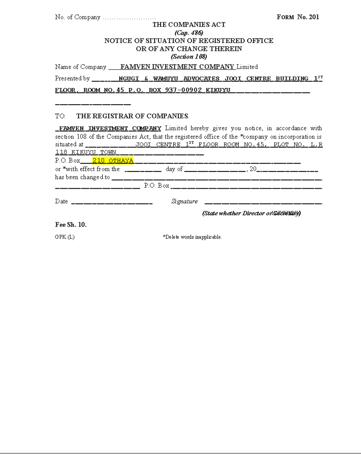 FORM 201 - sample pleadings - XXXXXXX No. of Company ...