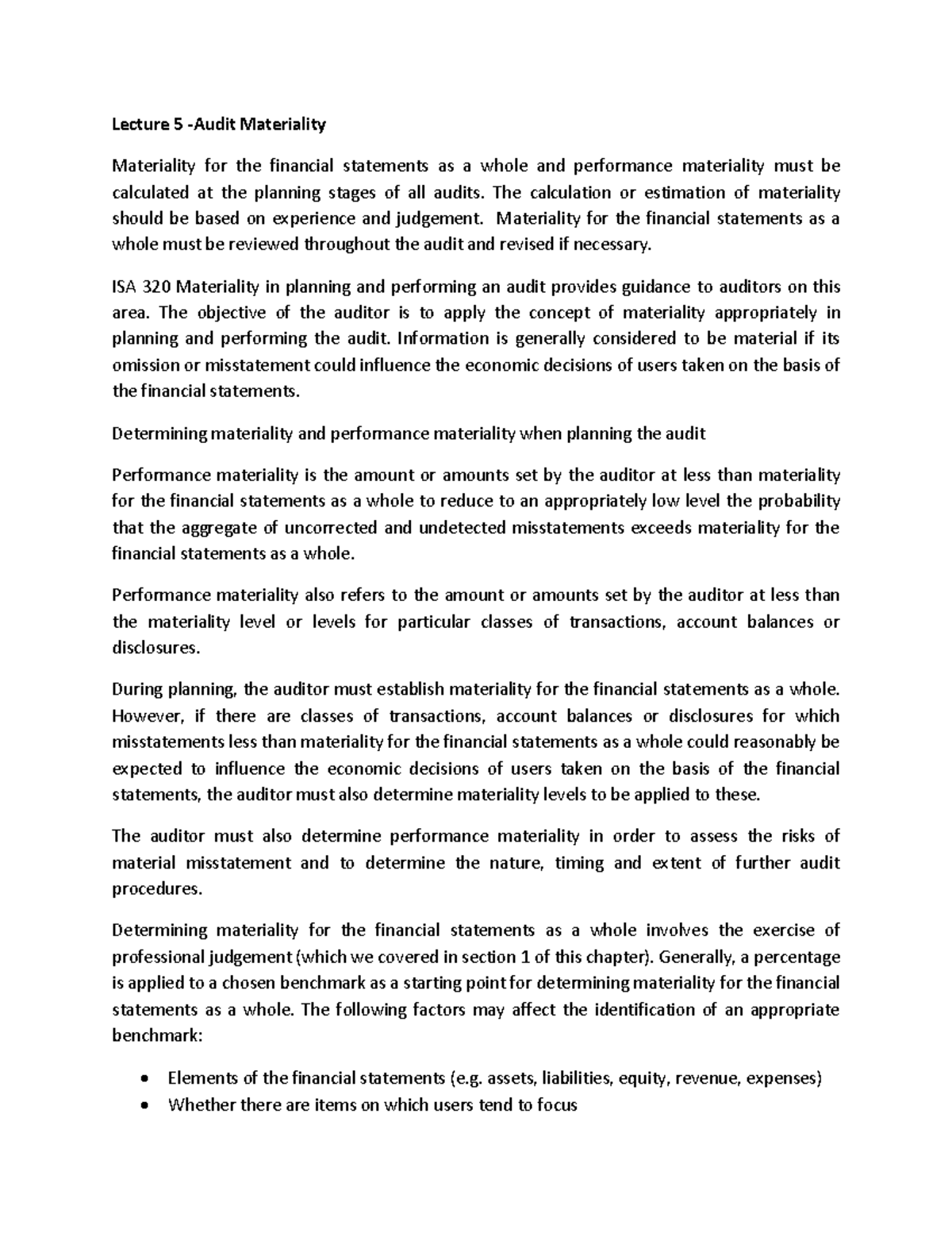 Audit Materiality - Lecture 5 -Audit Materiality Materiality for the ...