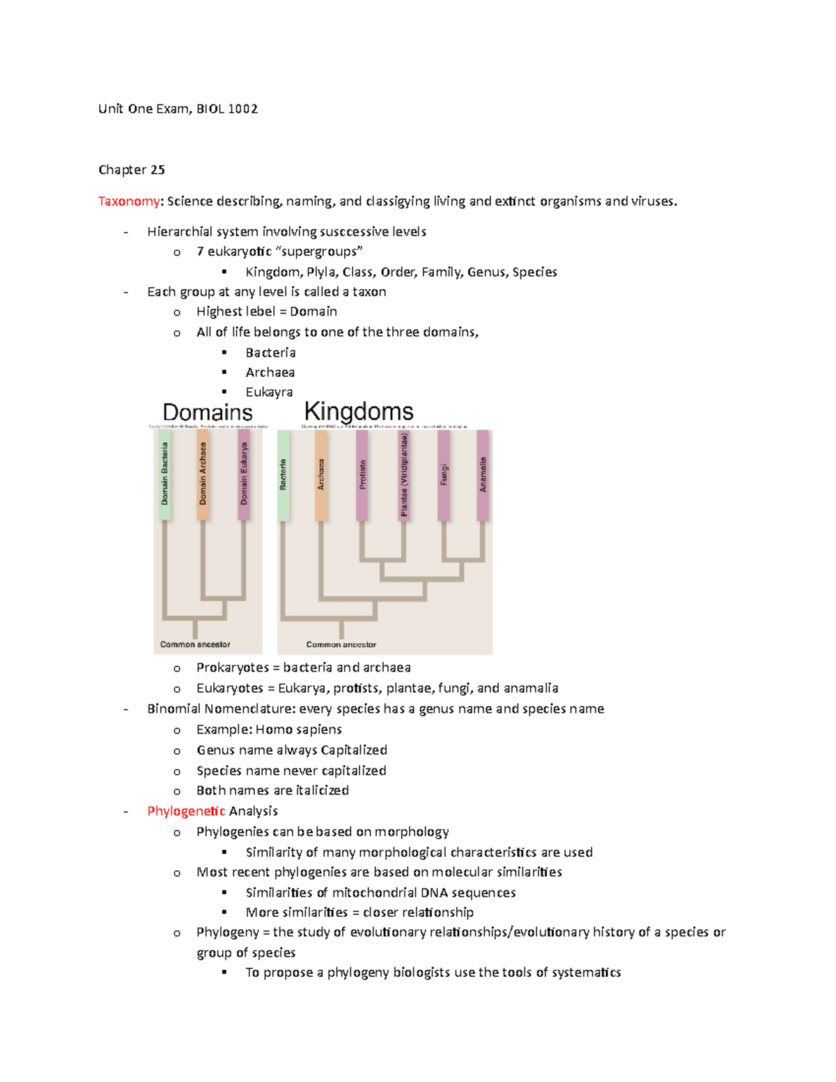 Unit One Exam SG, BIOL 1002 - Unit One Exam, BIOL 1002 Chapter 25 ...