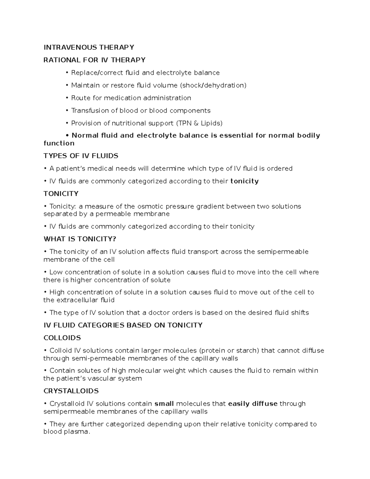 Week 1 - Intravenous Therapy Notes - INTRAVENOUS THERAPY RATIONAL FOR ...