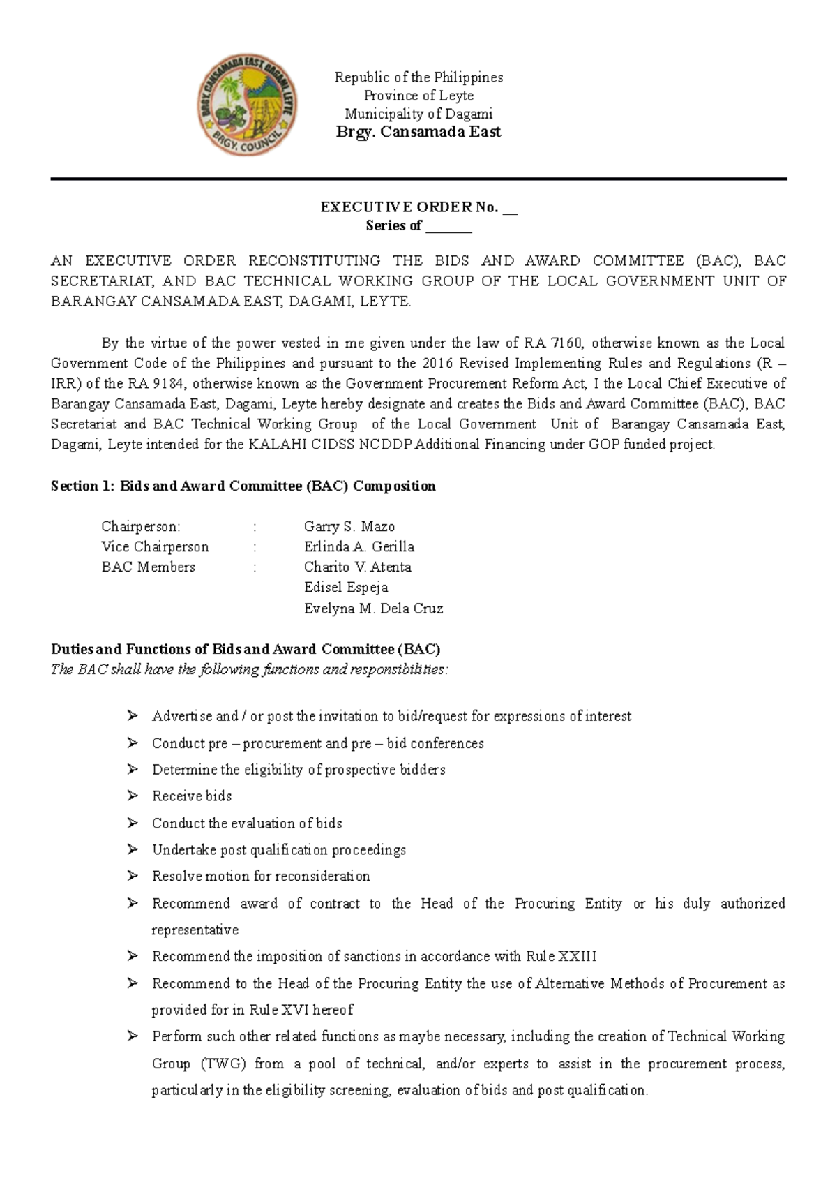 BAC Resolution - Republic of the Philippines Province of Leyte ...