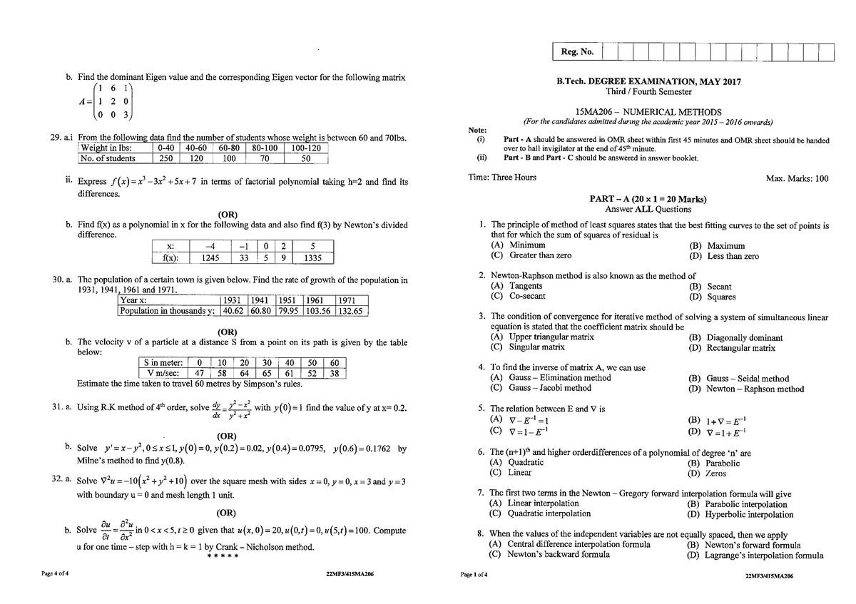 15MA206 4 Sem - Old University Question paper for Numerical Methods for ...