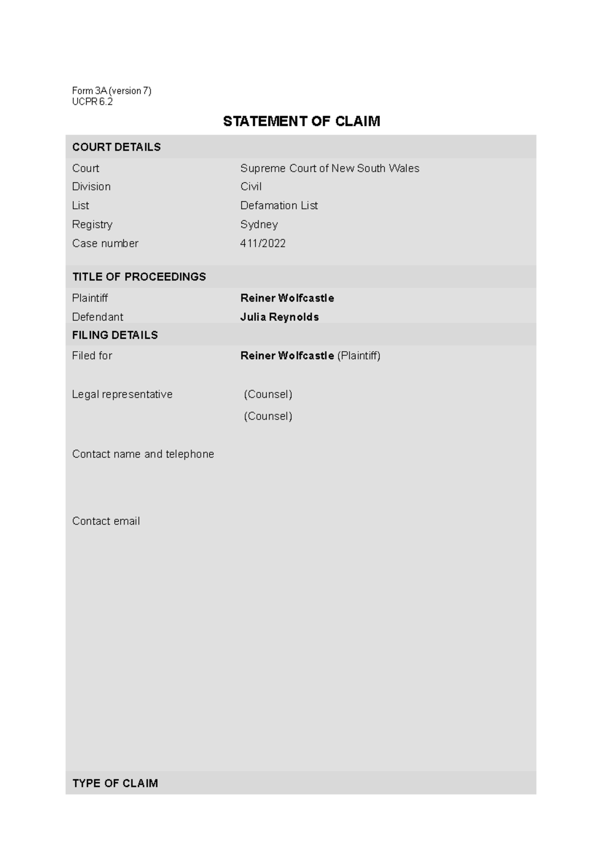 Statement of Claim for moot assessment - Form 3A (version 7) UCPR 6 ...