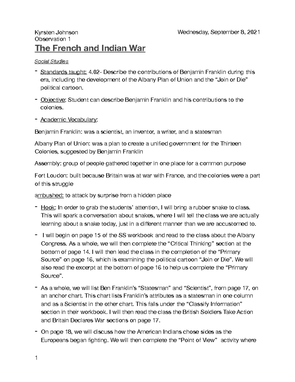 SS Observation 1 - coursework - Kyrsten Johnson Observation 1 Wednesday ...