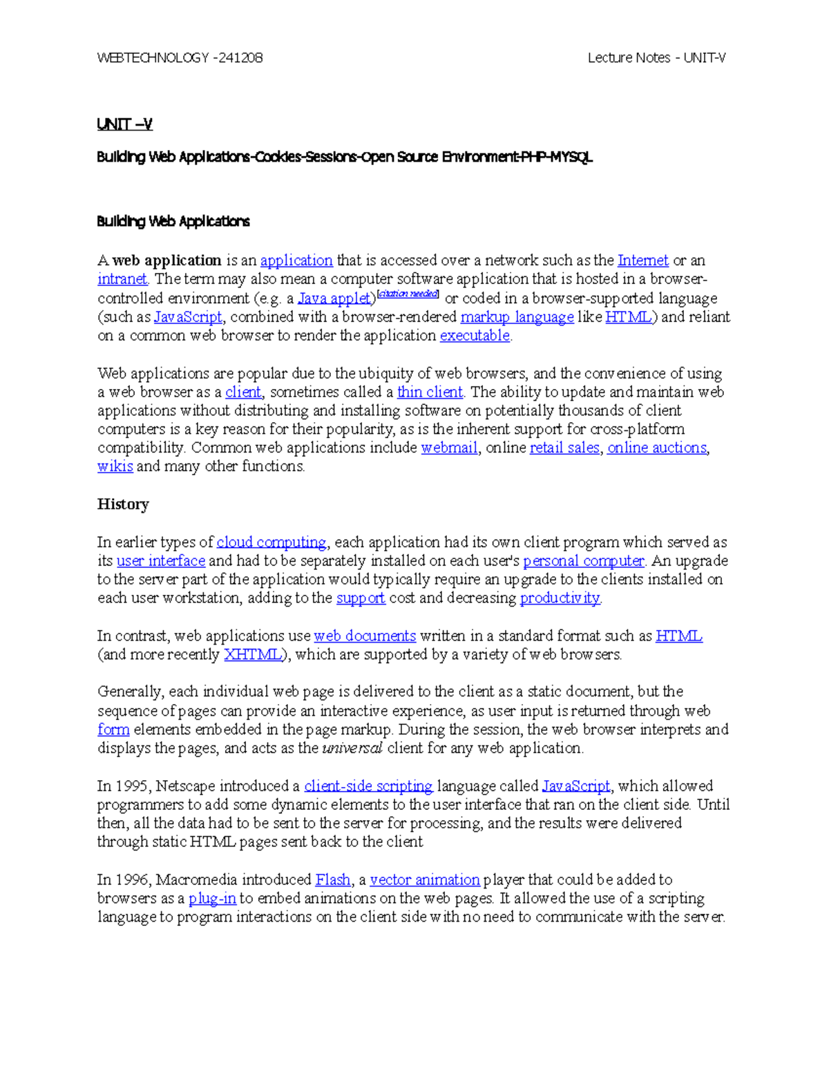 UNIT FIVE lecture notes - UNIT – V Building Web Applications-Cookies ...