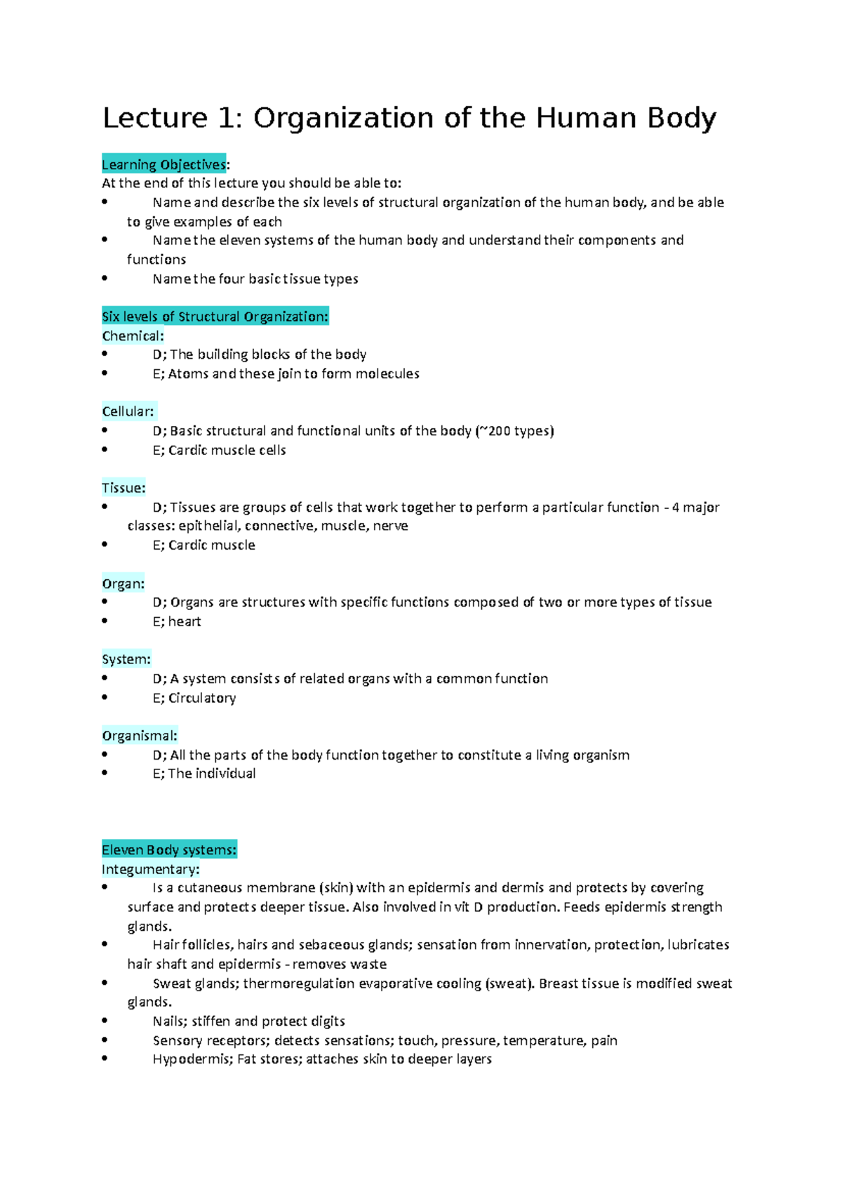 Lecture 1; organisation of the body - Lecture 1: Organization of the ...