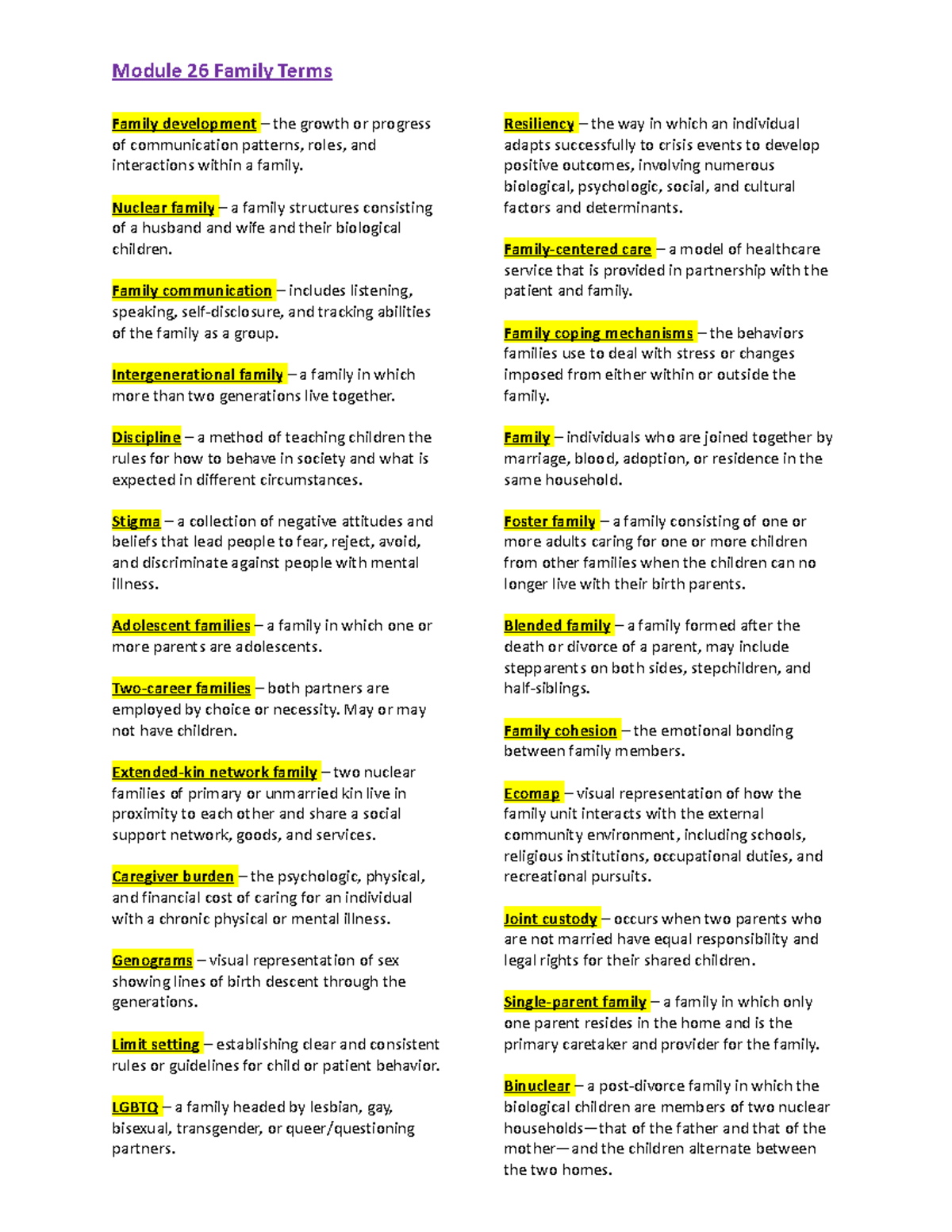 The concept of family - Module 26 Family Terms Family development – the ...