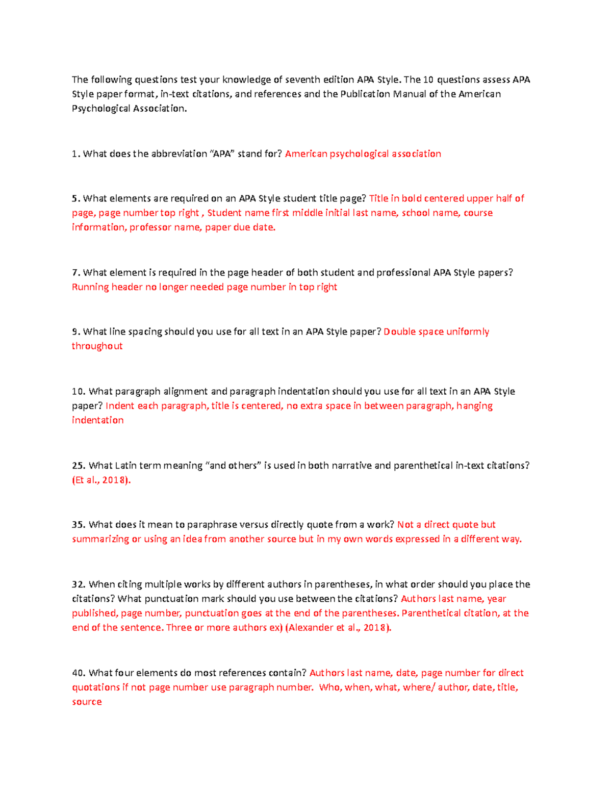 Seventh edition APA Style quiz copy - The following questions test your ...