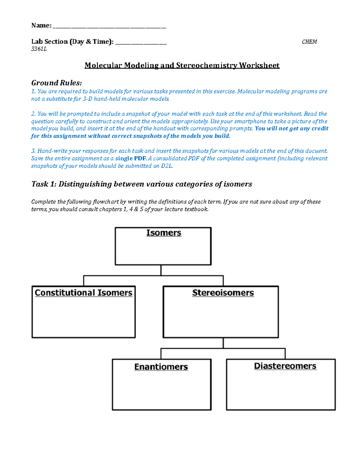 Stereochemistry Worksheet - Updated Fall 2023 - Lab Section (Day & Time