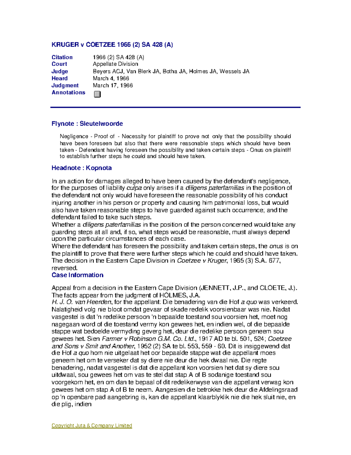 Kruger v Coetzee 1966 - KRUGER v COETZEE 1966 (2) SA 428 (A) Citation 1966 (2) SA 428 (A) Court ...