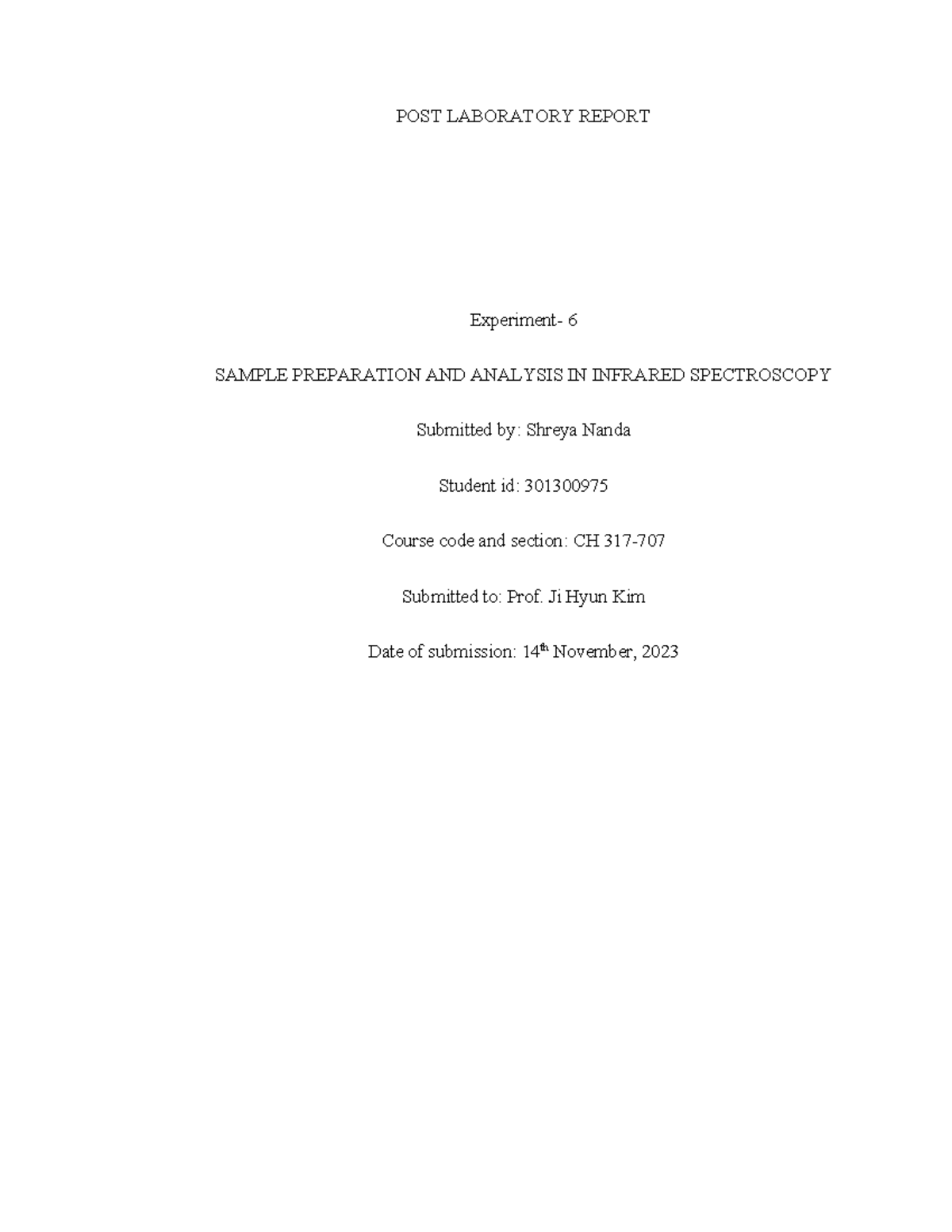 POST Laboratory Repor 1 - POST LABORATORY REPORT Experiment- 6 SAMPLE ...