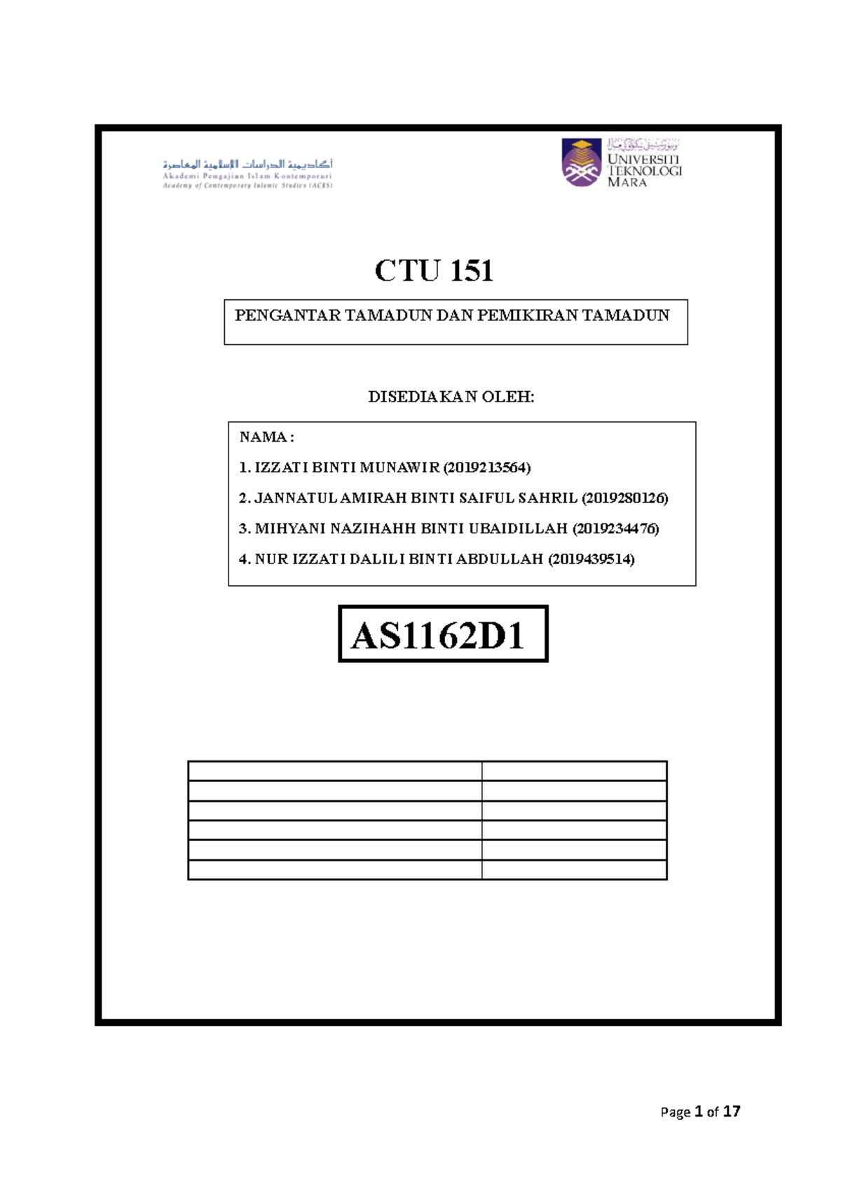 CTU Analisis AYAT ( Tamadun) - PENILAIAN MARKAH PENGENALAN ISI DAN ...