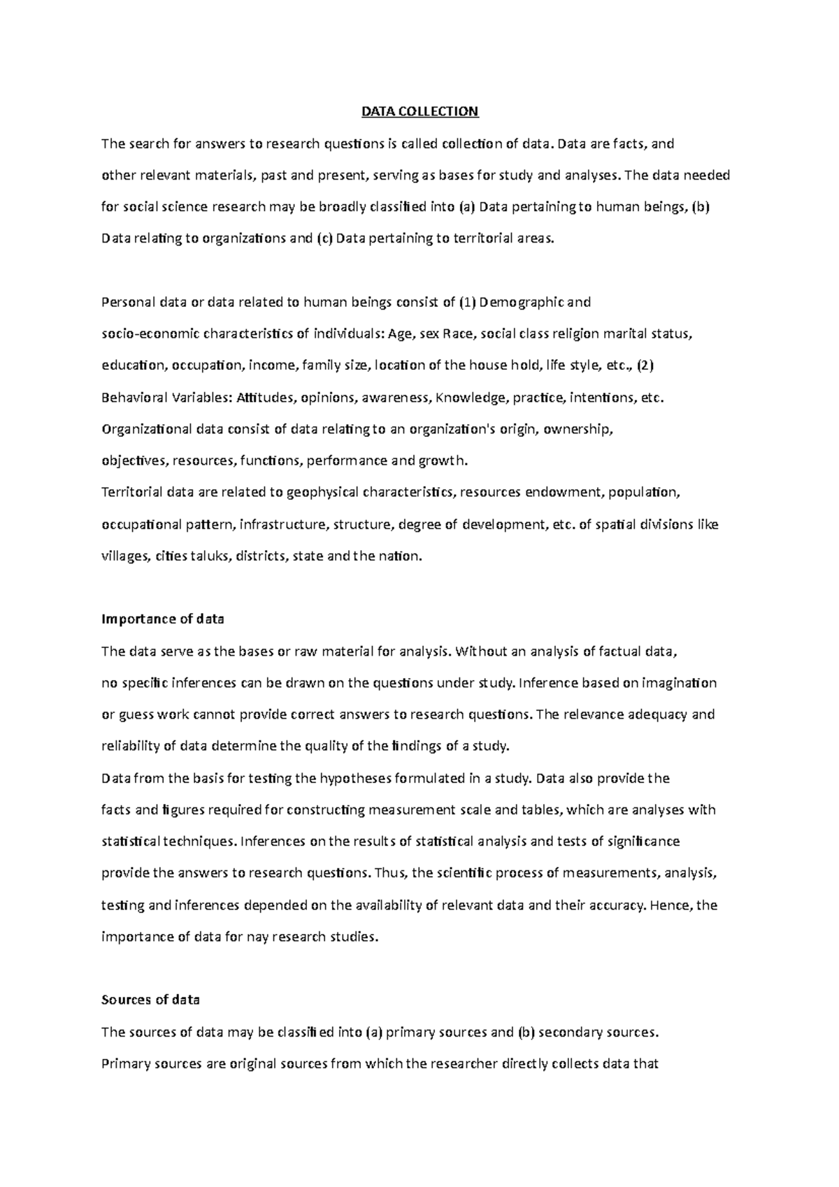 Research 5 - Important notes - DATA COLLECTION The search for answers ...