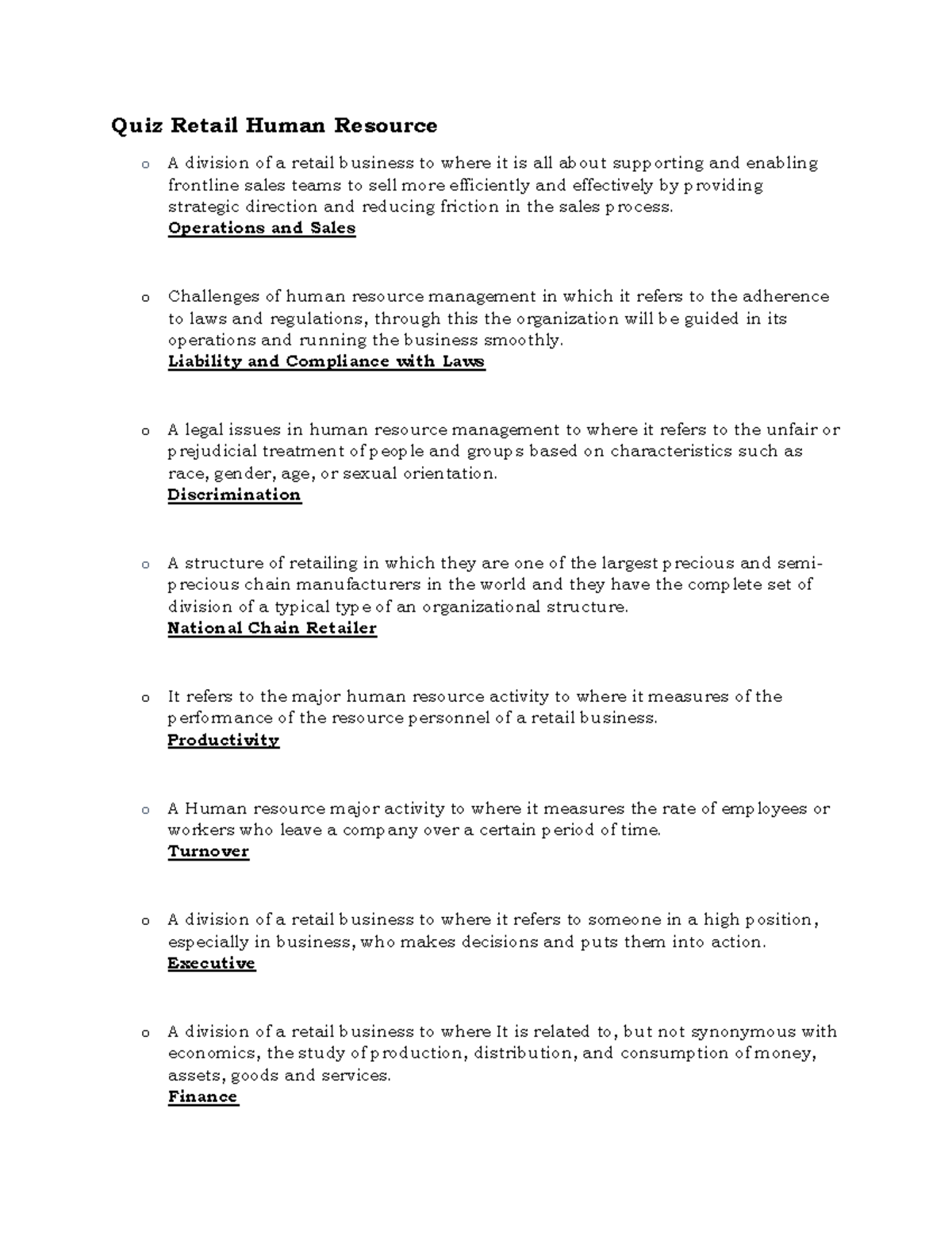 Quiz Retail Human Resource - Operations and Sales o Challenges of human ...