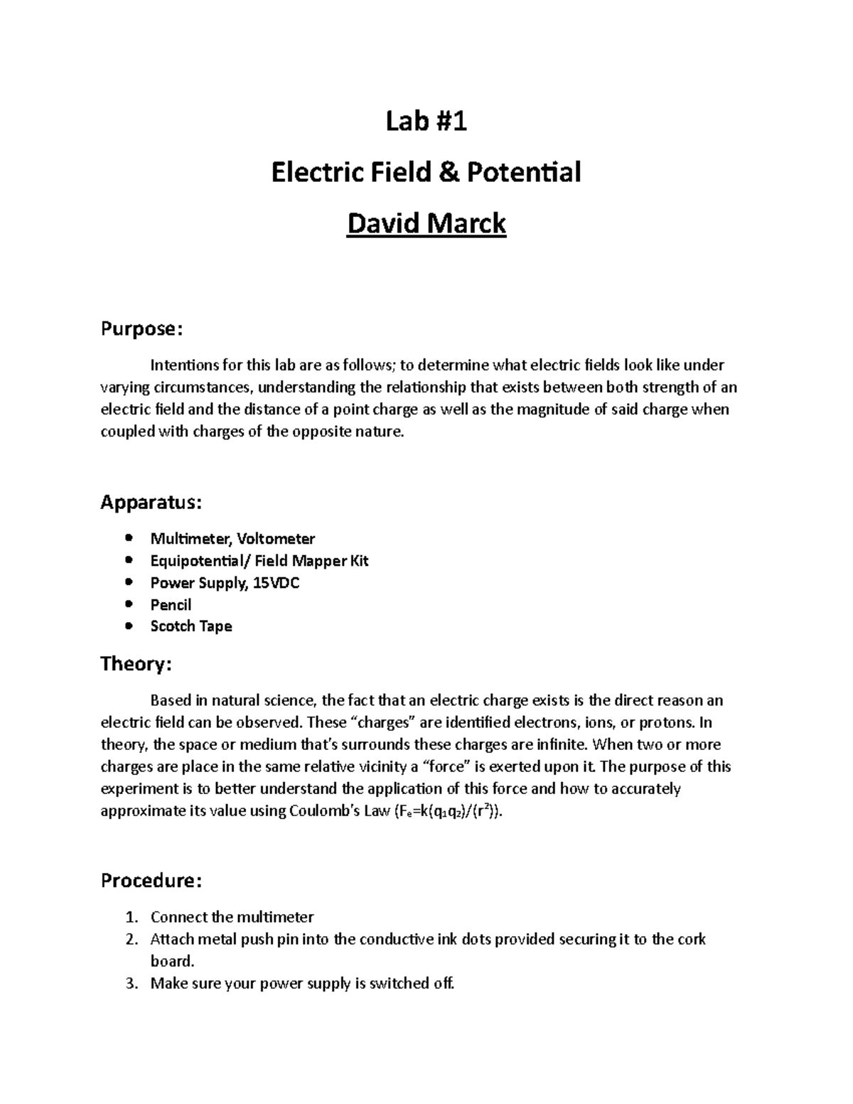 Lab Report for the record. Enough already - Lab Electric Field ...