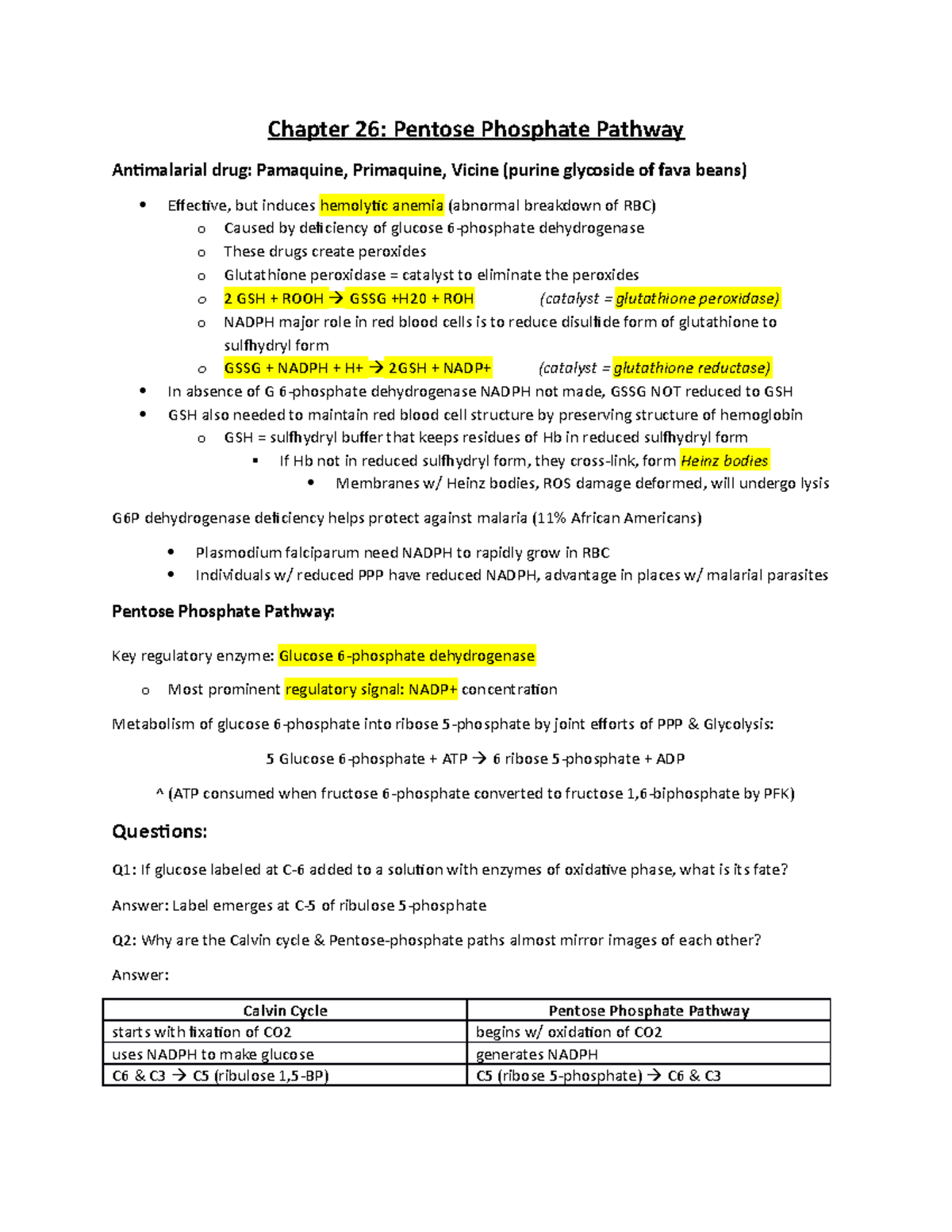Biochemistry Exam 4 Notes - Chapter 26: Pentose Phosphate Pathway ...