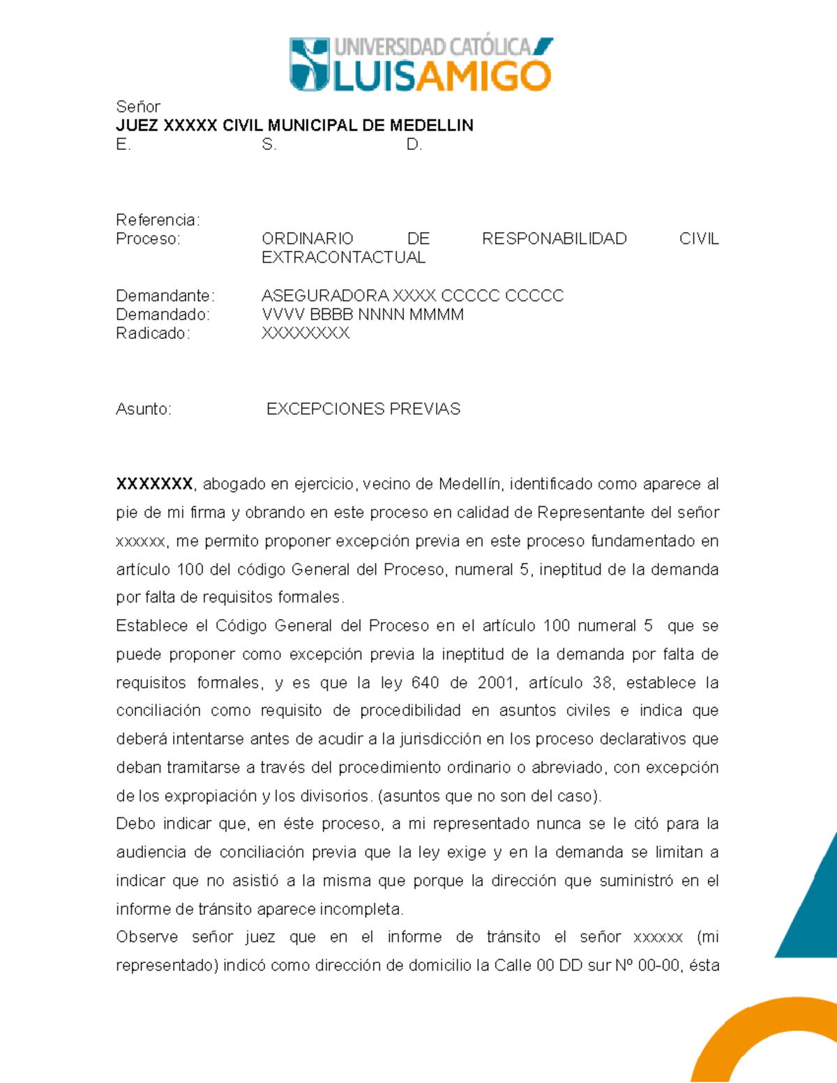 68 Excepciones previas - Señor JUEZ XXXXX CIVIL MUNICIPAL DE MEDELLIN E ...