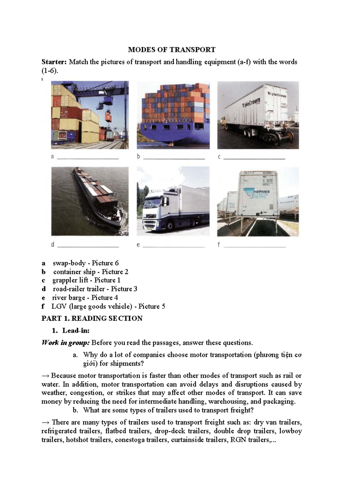 Modes OF Transport - adsdada - MODES OF TRANSPORT Starter: Match the ...
