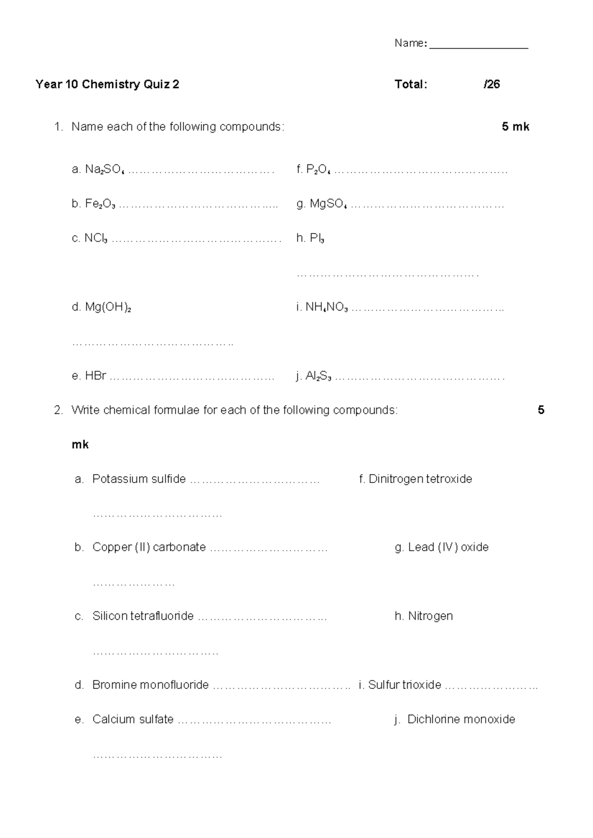 Year 10 Chemistry Quiz 2 Name Year 10 Chemistry