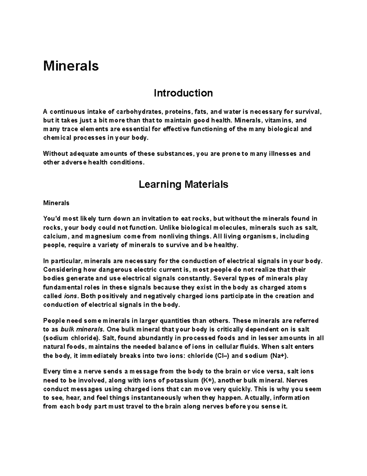 Minerals - Minerals Introduction A continuous intake of carbohydrates ...