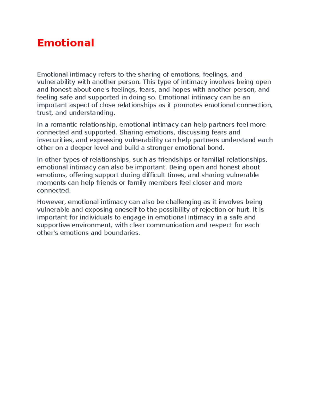 Document 95 - essay - Emotional Emotional intimacy refers to the ...