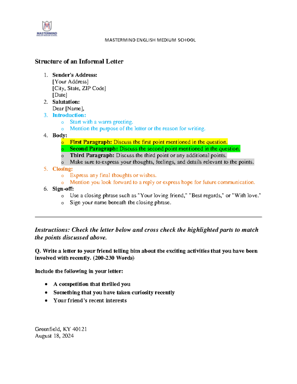 Structure of an Informal Letter for Grade 7 - MASTERMIND ENGLISH MEDIUM ...