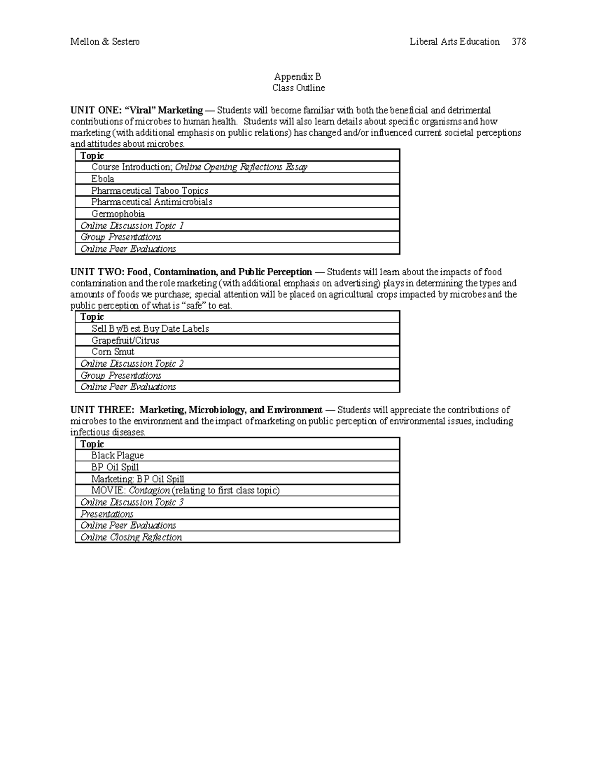 Biology - 9 - Mellon & Sestero Liberal Arts Education 378 Appendix B Class Outline UNIT ONE ...