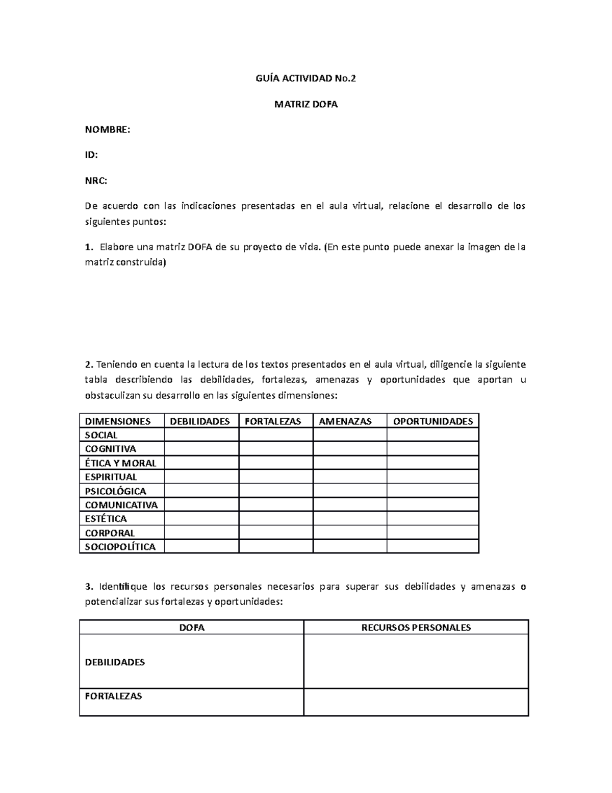 GUÍA Actividad No2 (2) - ddfff - GUÍA ACTIVIDAD No. MATRIZ DOFA NOMBRE ...