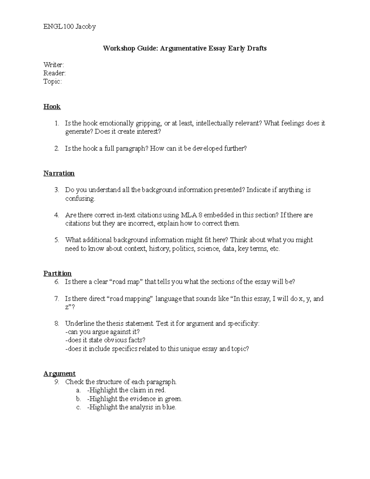 Workshop Guide - Argument Essay Early Drafts - ENGL100 Jacoby Workshop ...