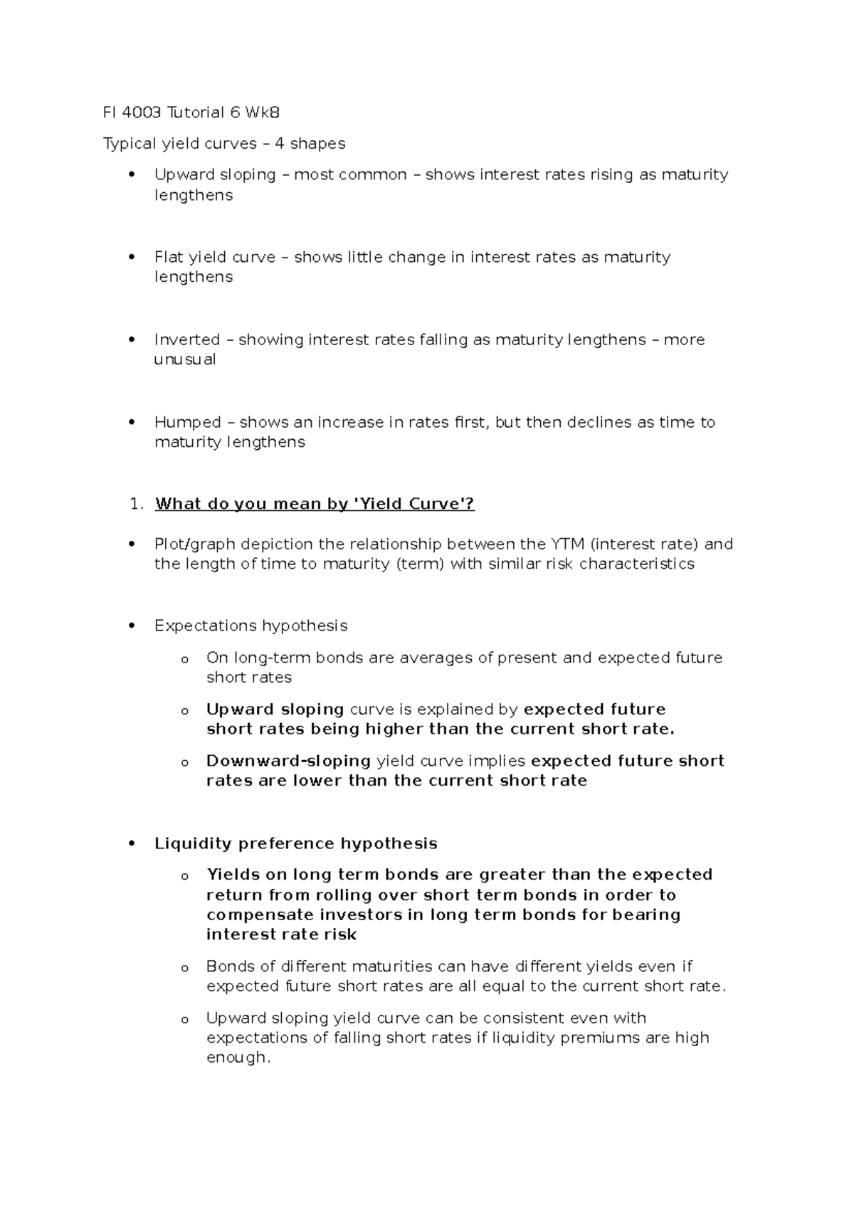 FI4003 Tutorial 6 Wk8 - theory - FI 4003 Tutorial 6 Wk Typical yield ...