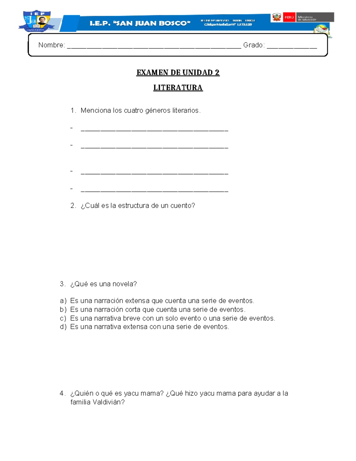 Examen Unidad 2- Literatura - EXAMEN DE UNIDAD 2 LITERATURA 1. Menciona ...