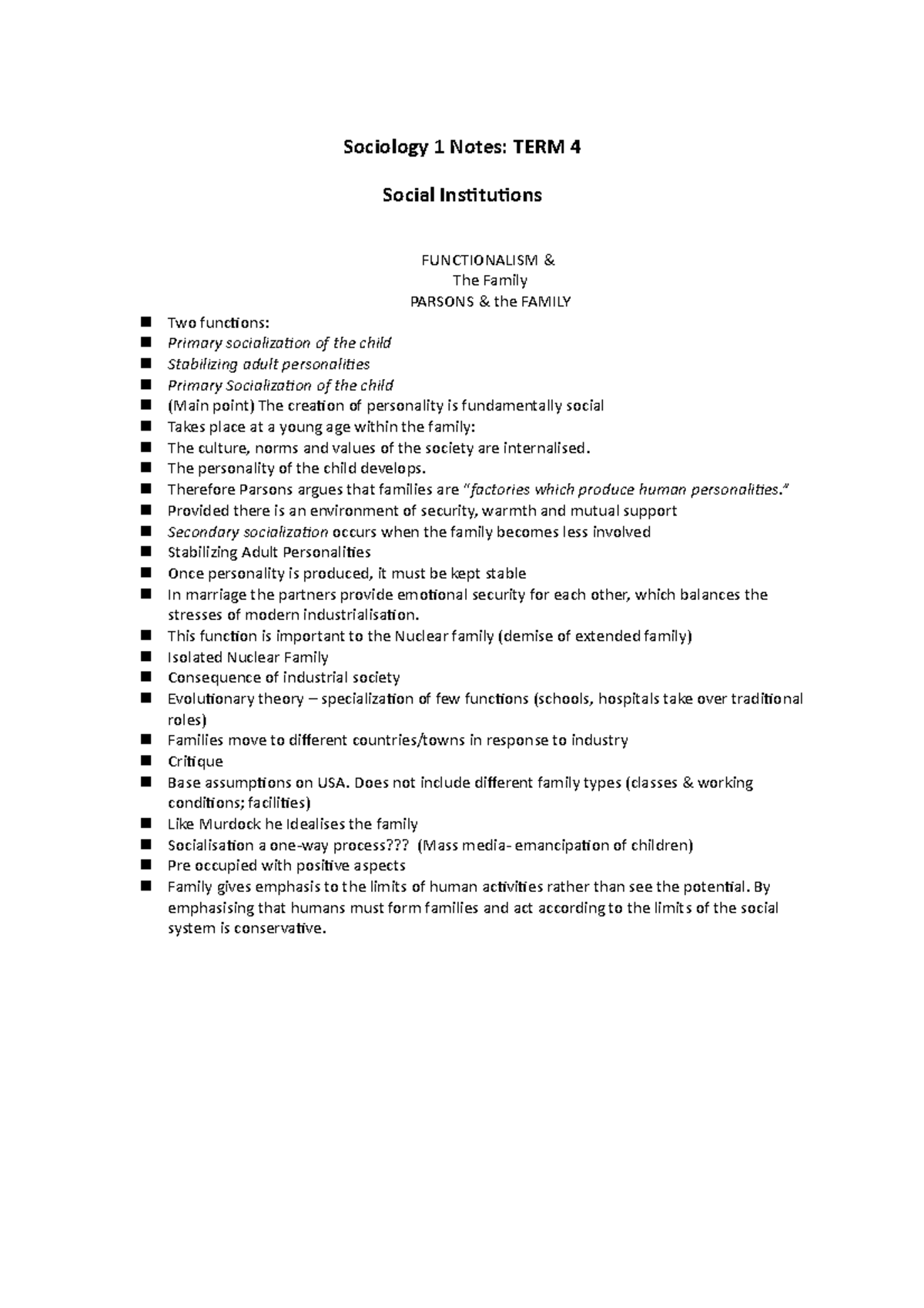 Notes(Family) - read also textbook - Sociology 1 Notes: TERM 4 Social ...